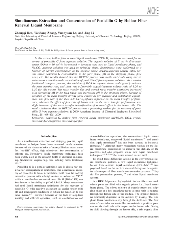 (PDF) Simultaneous extraction and concentration of penicillin G by ...
