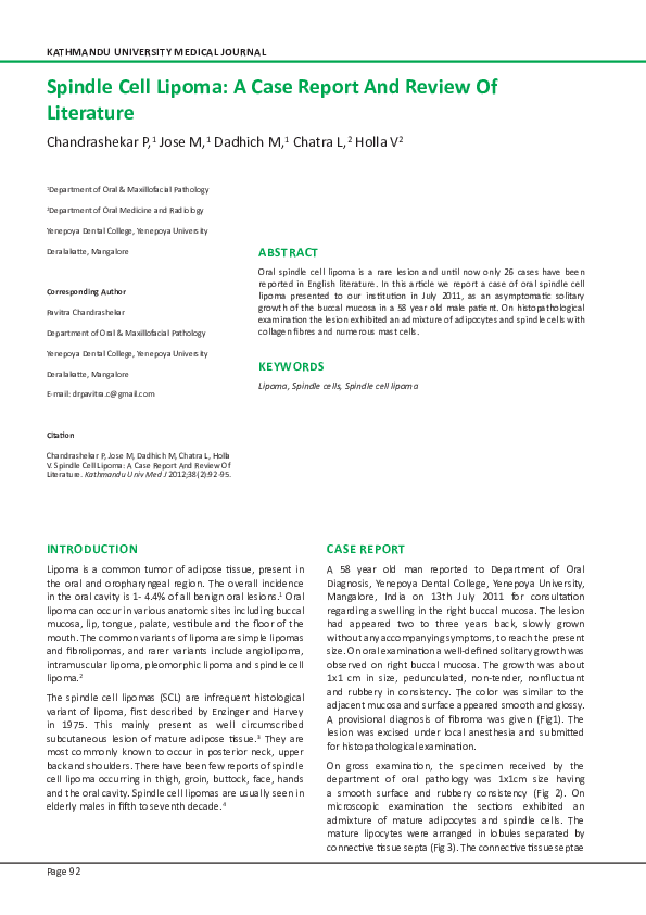 (PDF) Spindle Cell Lipoma: A Case Report And Review Of Literature