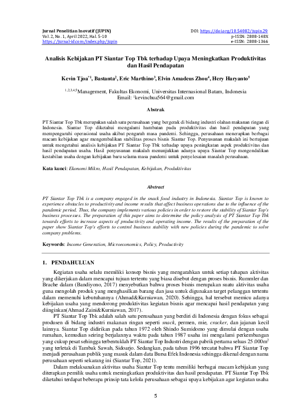 (PDF) Analisis Kebijakan PT Siantar Top Tbk terhadap Upaya Meningkatkan Produktivitas dan Hasil ...