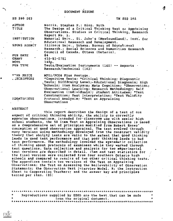 (PDF) The Design of a Critical Thinking Test on Appraising Observations ...