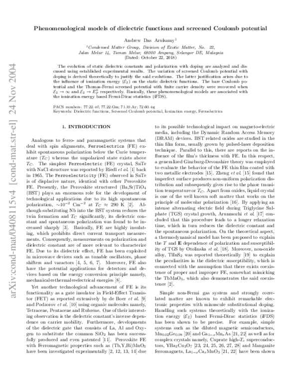 (PDF) Phenomenological models of dielectric functions and screened ...