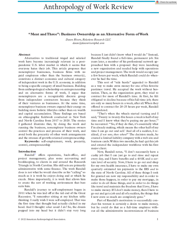(PDF) “Meat and Three”: Business Ownership as an Alternative Form of Work