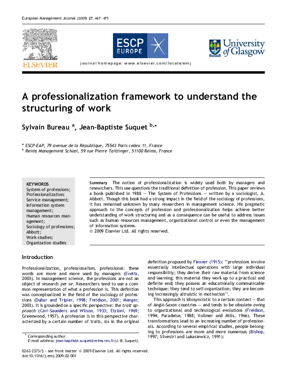 (PDF) A professionalization framework to understand the structuring of work