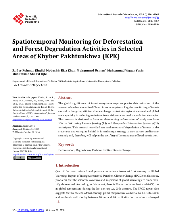 (PDF) Spatiotemporal Monitoring for Deforestation and Forest Degradation Activities in Selected ...