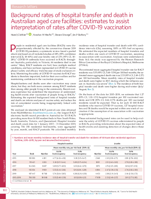 (PDF) Background rates of hospital transfer and death in Australian ...