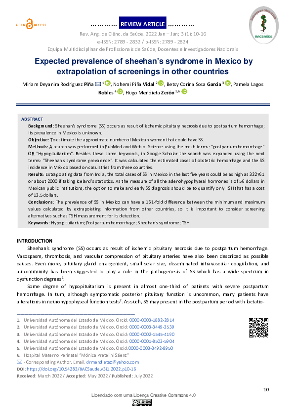 (PDF) Sheehan's syndrome expected prevalence in five years in Mexico