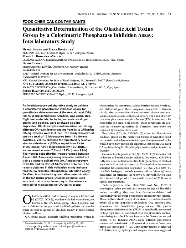 (PDF) Quantitative Determination of the Okadaic Acid Toxins Group by a ...