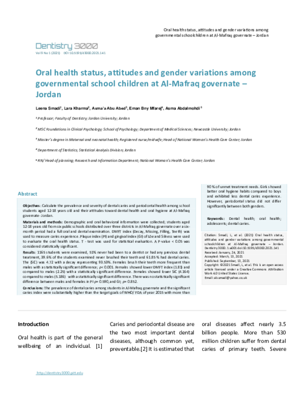 (PDF) Oral health status, attitudes and gender variations among governmental school children at ...