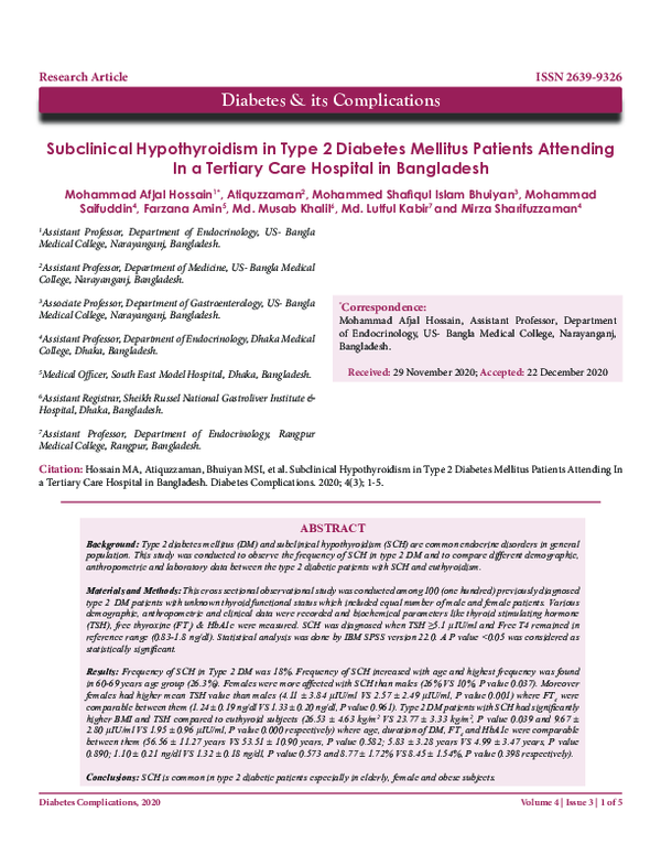 (PDF) Subclinical Hypothyroidism in Type 2 Diabetes Mellitus Patients ...