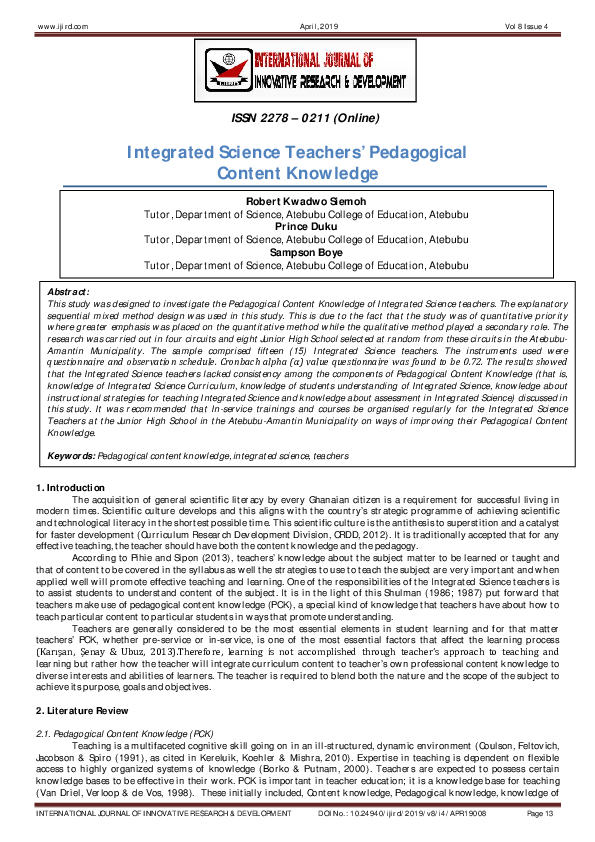 (PDF) Integrated Science Teachers’ Pedagogical Content Knowledge