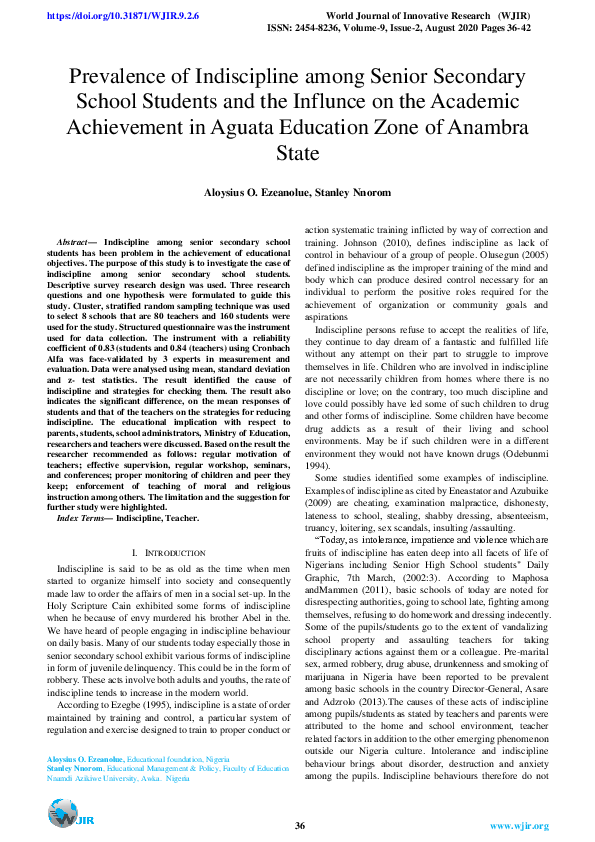 (PDF) Prevalence of Indiscipline among Senior Secondary School Students ...