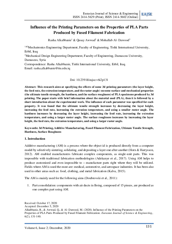 (PDF) Influence of the Printing Parameters on the Properties of PLA Parts Produced by Fused ...