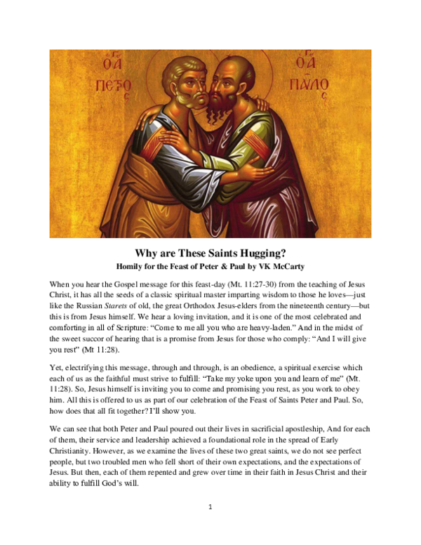 (PDF) "Why are These Saints Hugging?--A Homily for the Feast of SS. Peter & Paul" by VK McCarty