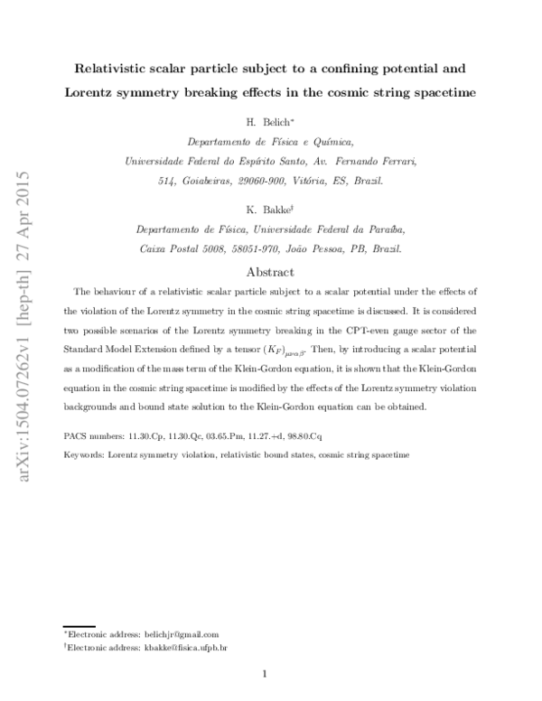 Pdf Relativistic Scalar Particle Subject To A Confining Potential And