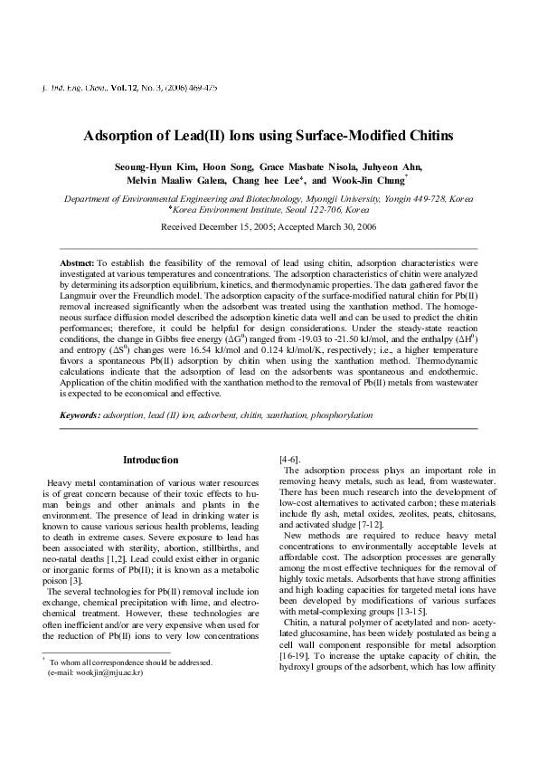 (PDF) Adsorption of lead (II) ions using surface-modified chitins