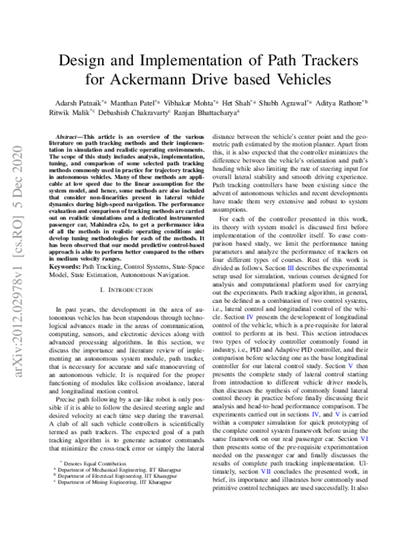 (PDF) Design and Implementation of Path Trackers for Ackermann Drive based Vehicles | Aditya ...