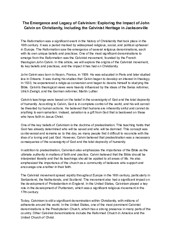 (PDF) The Emergence and Legacy of Calvinism: Exploring the Impact of ...