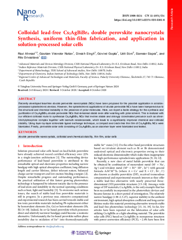 (PDF) Lead-Free Cs2AgBiBr6 Perovskite Nanocrystals