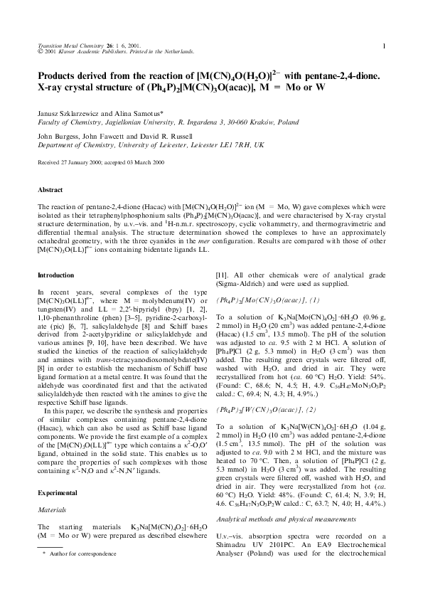 (PDF) Products derived from the reaction of [M(CN)4O(H2O)]2− with ...