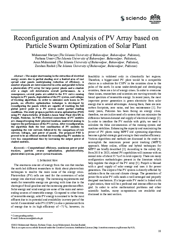 Pdf Reconfiguration And Analysis Of Pv Array Based On Particle Swarm Optimization Of Solar Plant