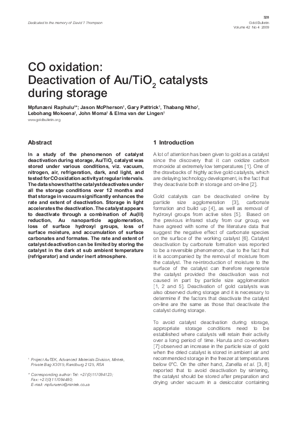 (PDF) CO oxidation: Deactivation of Au/TiO2 catalysts during storage