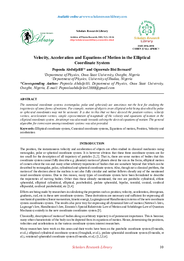 Pdf Velocity Acceleration And Equations Of Motion In The Elliptical
