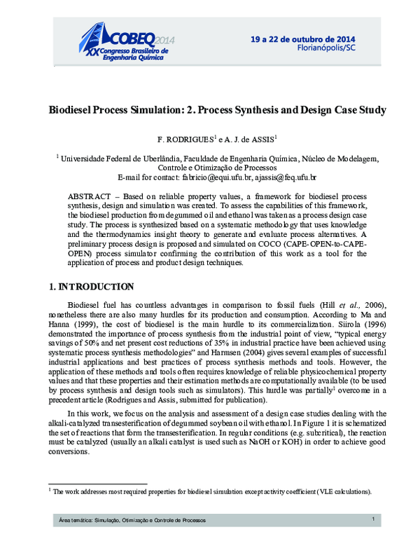 (PDF) Biodiesel Process Simulation: 2. Process Synthesis and Design Case Study