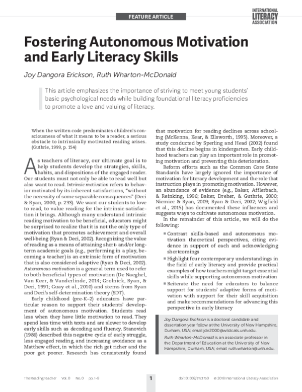 Pdf Fostering Autonomous Motivation And Early Literacy Skills