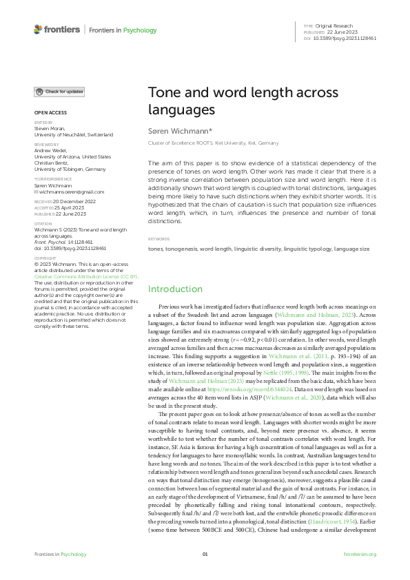 (PDF) Tone and word length across languages