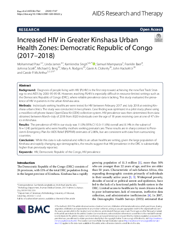 (PDF) Increased HIV in Greater Kinshasa Urban Health Zones: Democratic ...