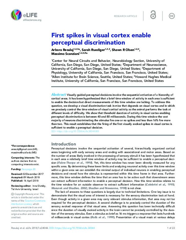 (PDF) First spikes in visual cortex enable perceptual discrimination