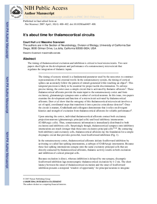 (PDF) It's about time for thalamocortical circuits