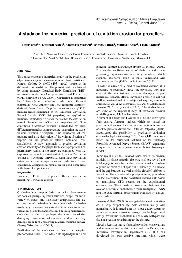 (PDF) A study on the numerical prediction of cavitation erosion for propellers