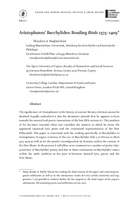 (PDF) Aristophanes’ Bacchylides: Reading Birds 1373-1409