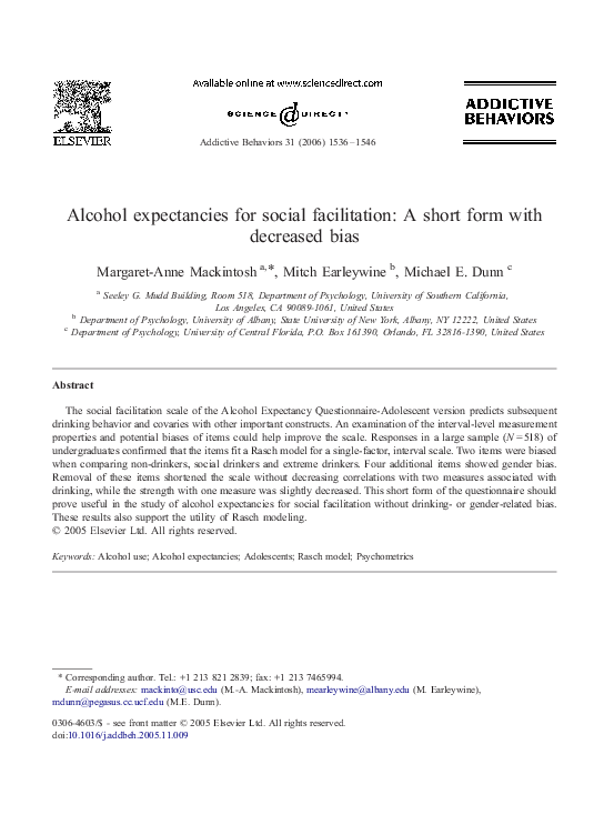 (PDF) Alcohol expectancies for social facilitation: A short form with ...