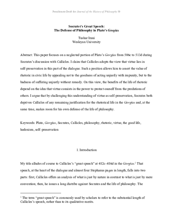 (PDF) Socrates's Great Speech: The Defense of Philosophy in Plato's Gorgias