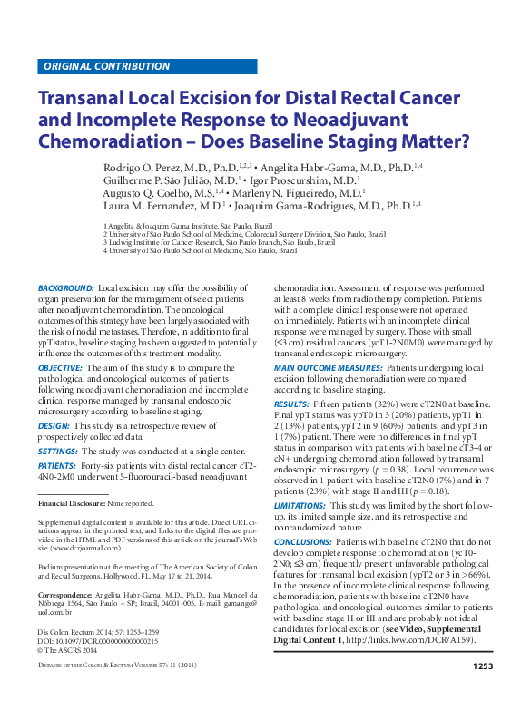(PDF) Transanal local excision for distal rectal cancer and incomplete response to neoadjuvant ...