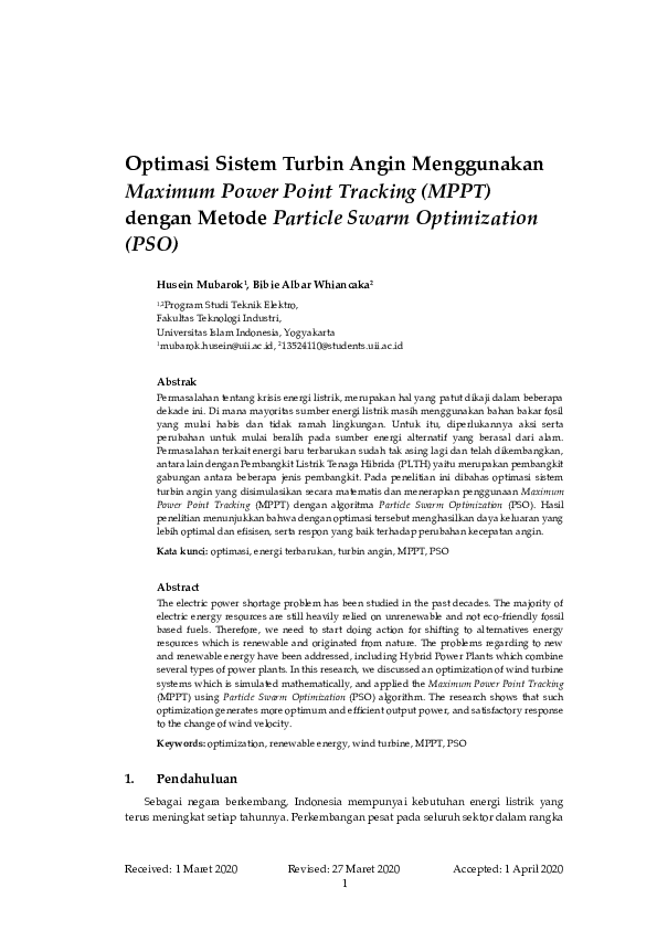 (PDF) Optimasi Sistem Turbin Angin Menggunakan Maximum Power Point Tracking (MPPT) dengan Metode ...