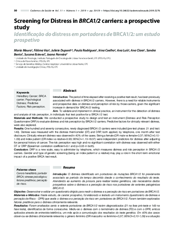 (PDF) Screening for Distress in BRCA1/2 Carriers: a Prospective Study