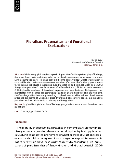 (PDF) Pluralism, Pragmatism and Functional Explanations