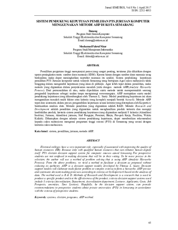 (PDF) Sistem Pendukung Keputusan Pemilihan PTS Jurusan Komputer Menggunakan Metode Ahp DI Kota ...