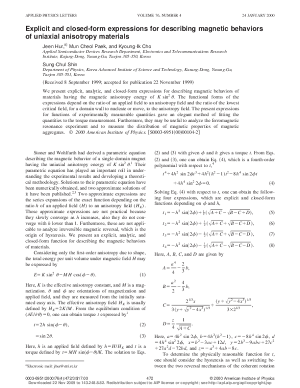 Pdf Explicit And Closed Form Expressions For Describing Magnetic Behaviors Of Uniaxial