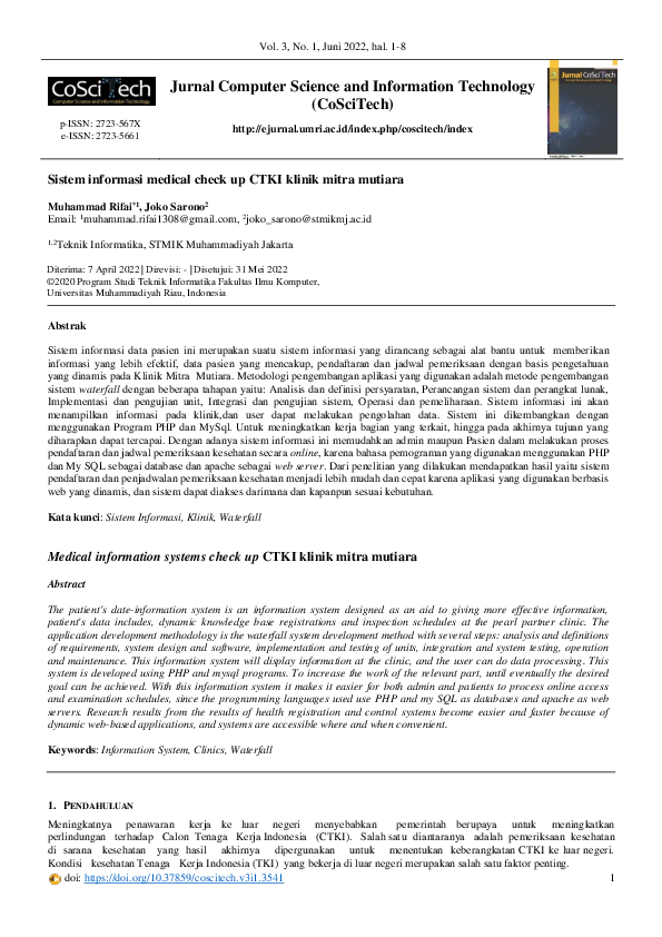 (PDF) Sistem Informasi Medical Check Up CTKI Klinik Mitra Mutiara
