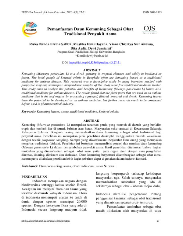 (PDF) Pemanfaatan Daun Kemuning Sebagai Obat Tradisional Penyakit Asma