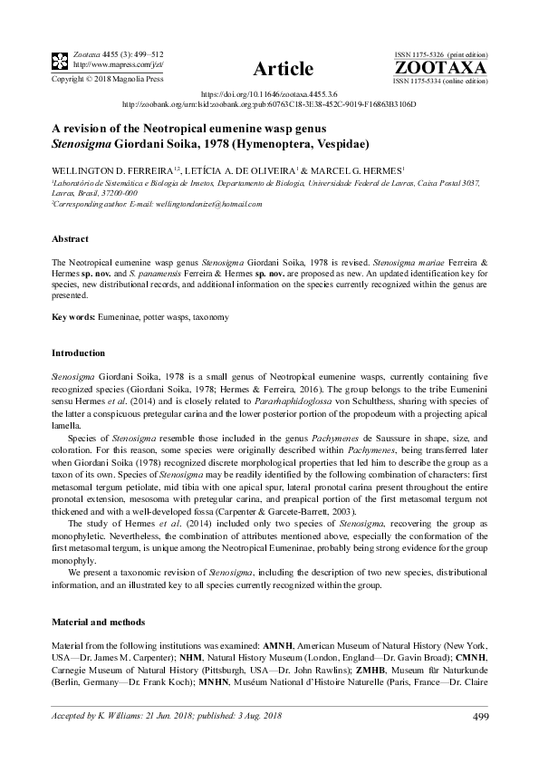 (PDF) A revision of the Neotropical eumenine wasp genus Stenosigma ...