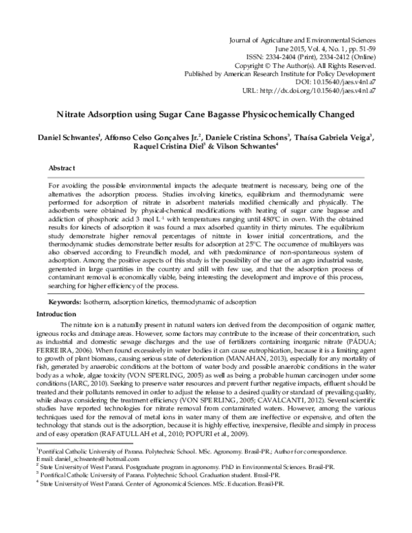 (PDF) Nitrate Adsorption using Sugar Cane Bagasse Physicochemically Changed