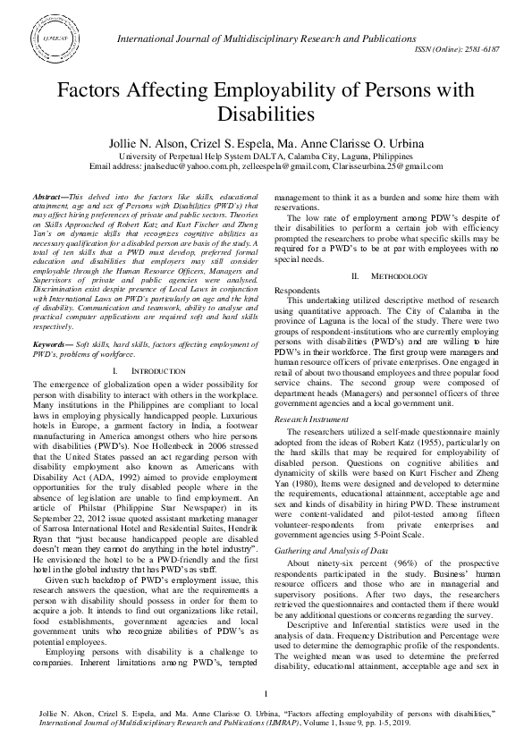 (PDF) Factors Affecting Employability of Persons with Disabilities
