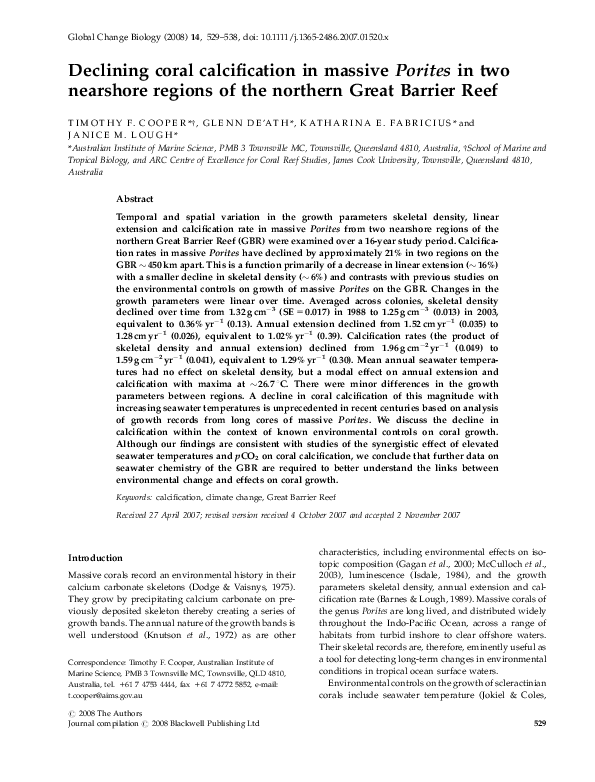 (PDF) Declining coral calcification in massivePoritesin two nearshore ...