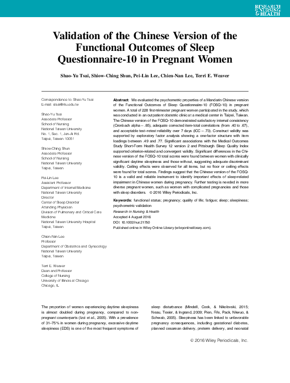 (PDF) Validation of the Chinese Version of the Functional Outcomes of ...