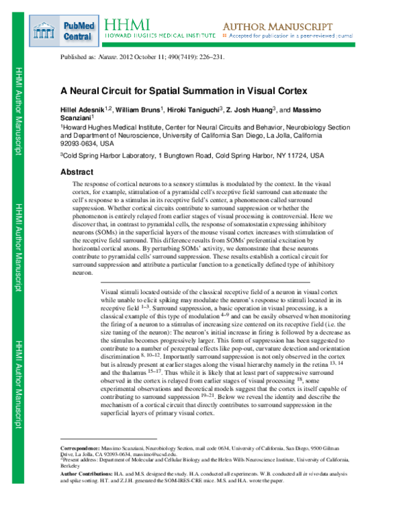 (PDF) A neural circuit for spatial summation in visual cortex | Massimo Scanziani - Academia.edu